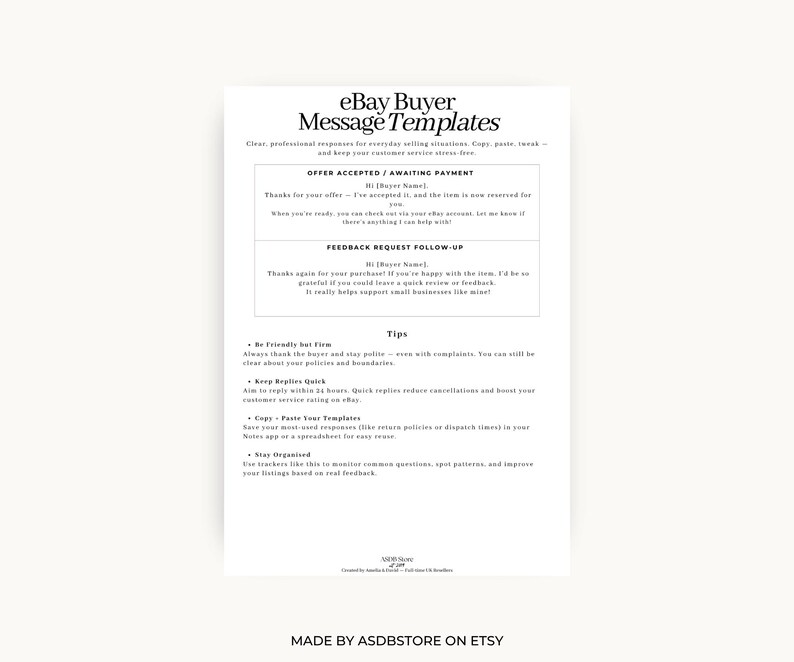 Ebay Seller Message Templates: Printable Customer Service Reply Sheet ...