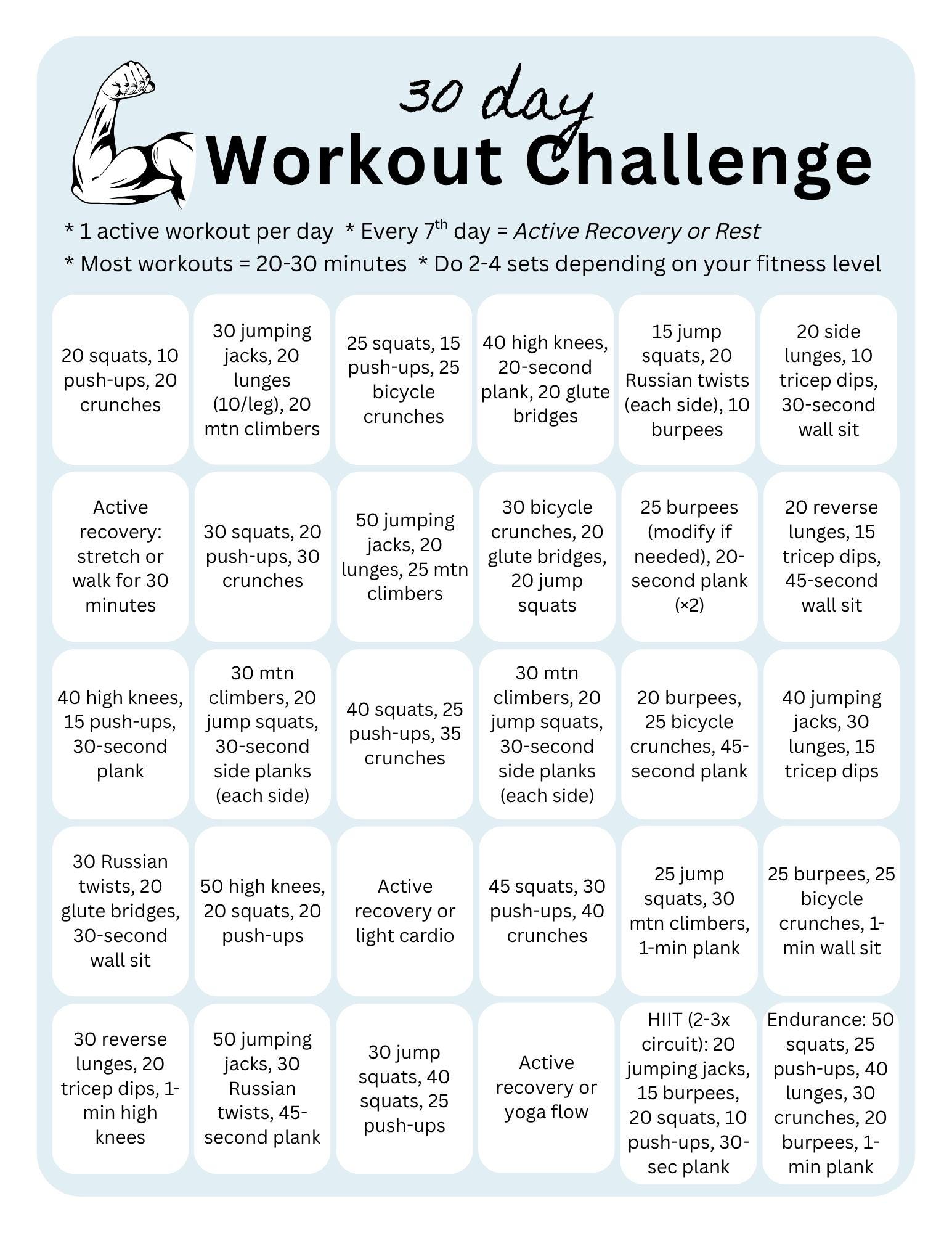 30-day Full-body Workout Challenge | Printable Fitness Tracker | Home ...
