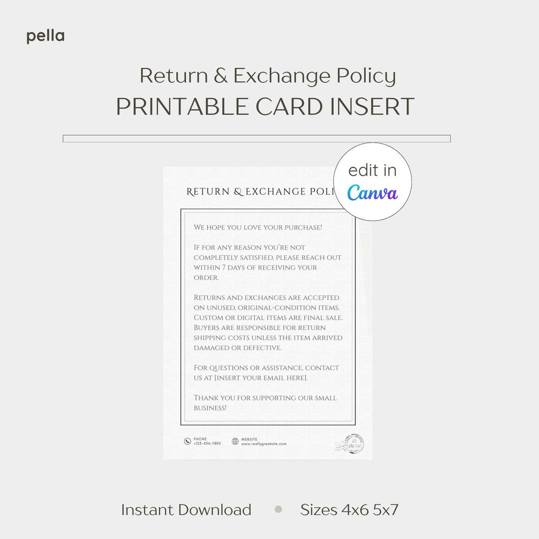 Return & Exchange Policy Template Canva | Printable Insert Card for ...