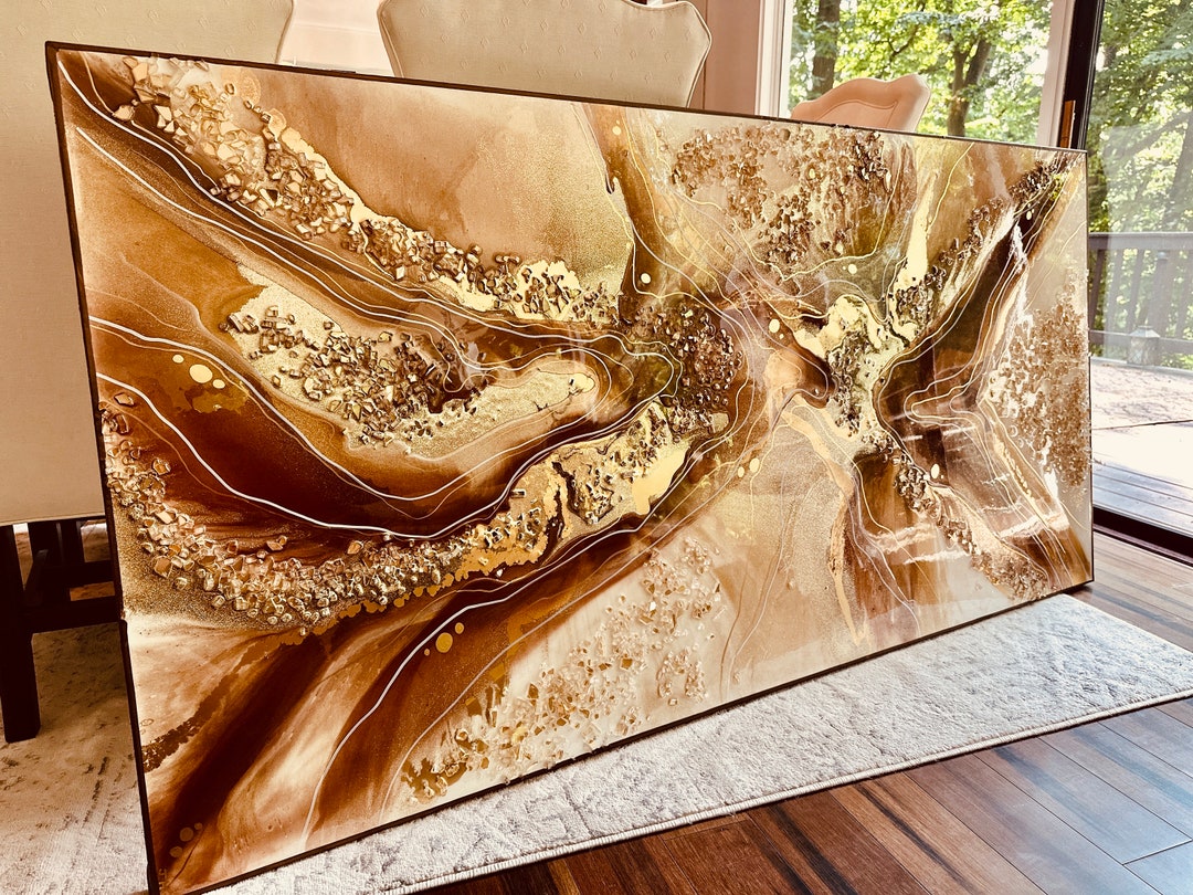 24k Molten Gold Brown Resin Crystal Glass Geode Art Big Huge Painting ...