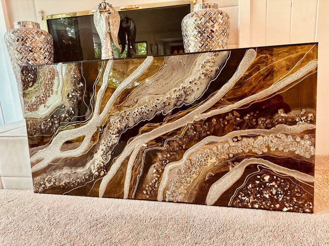 24k Molten Gold Brown Resin Crystal Glass Geode Art Big Huge Painting ...