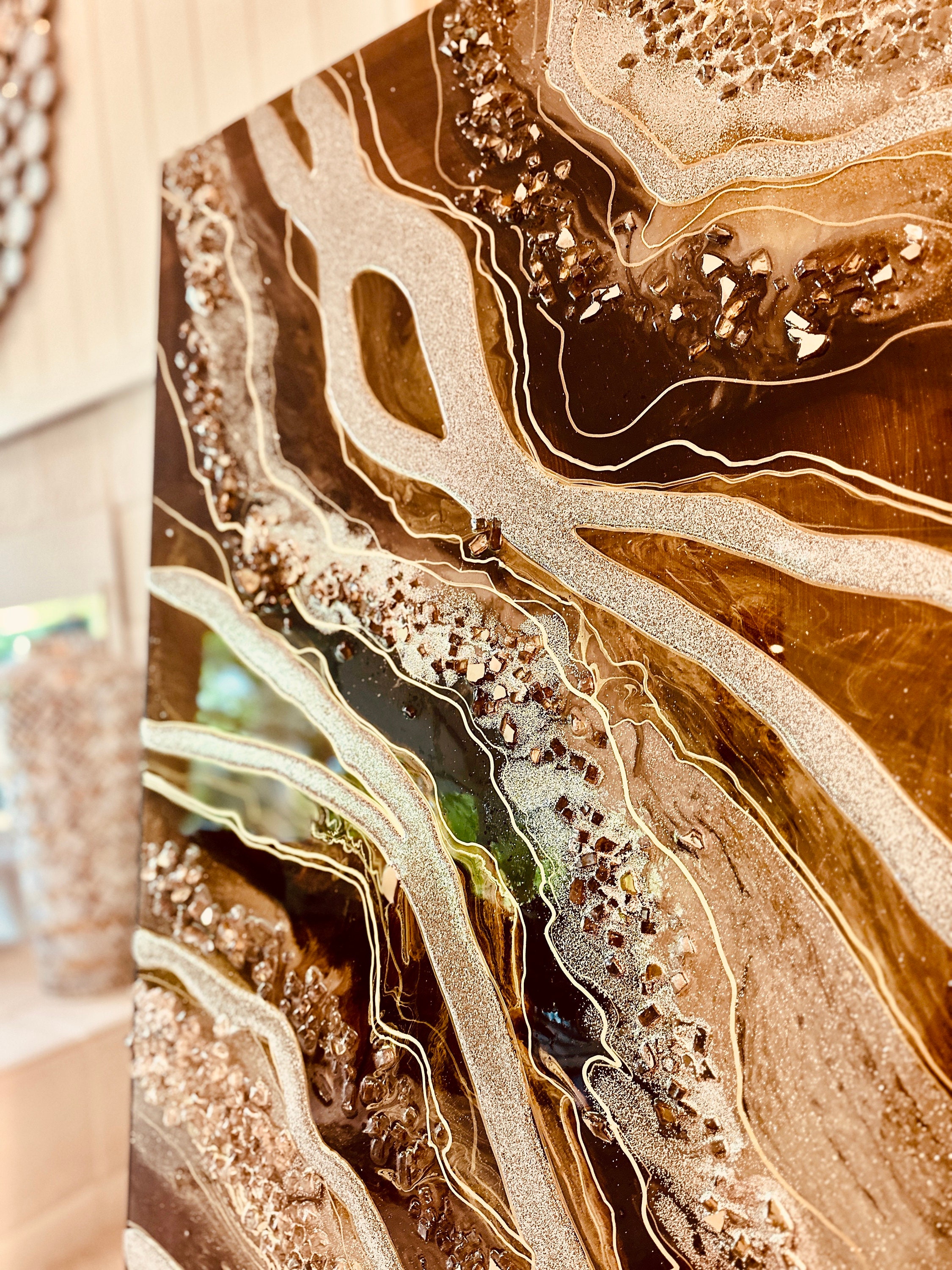 24k Molten Gold Brown Resin Crystal Glass Geode Art Big Huge Painting ...