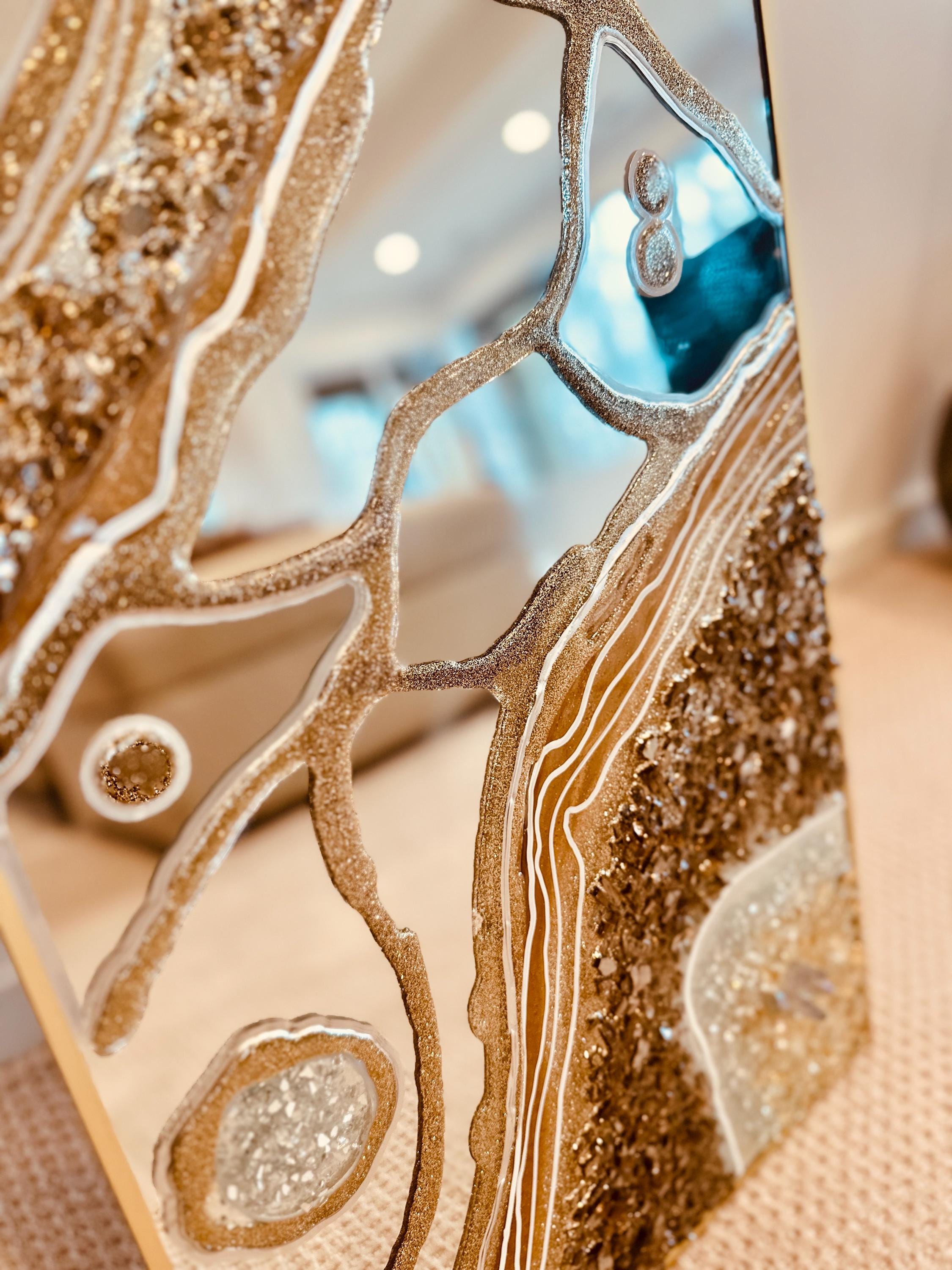 Crystal Resin Art Mirror 60 Inches, 24k Gold Silver Rectangle Mirror ...