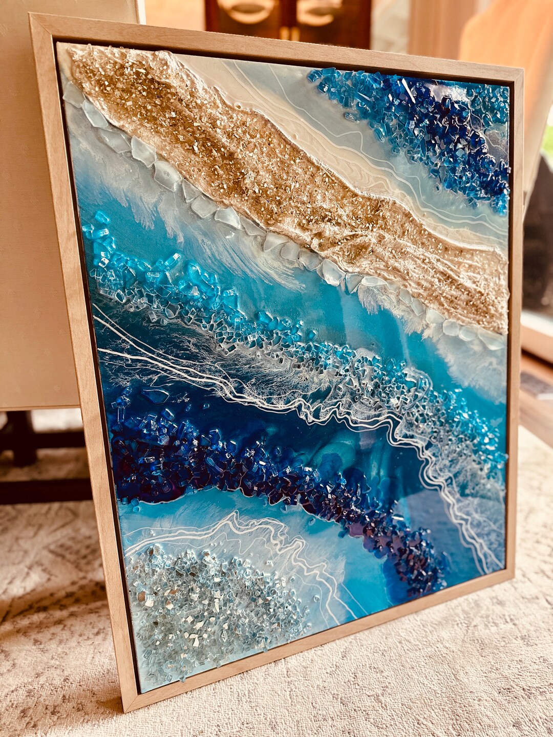 Ocean Beach Texture Resin Painting Framed Ready Glass Teal Aqua Blue ...