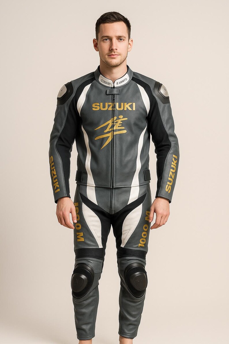 Gold and Gray Hayabusa Motorcycle Racing Suit – Suzuki Leather Biker ...