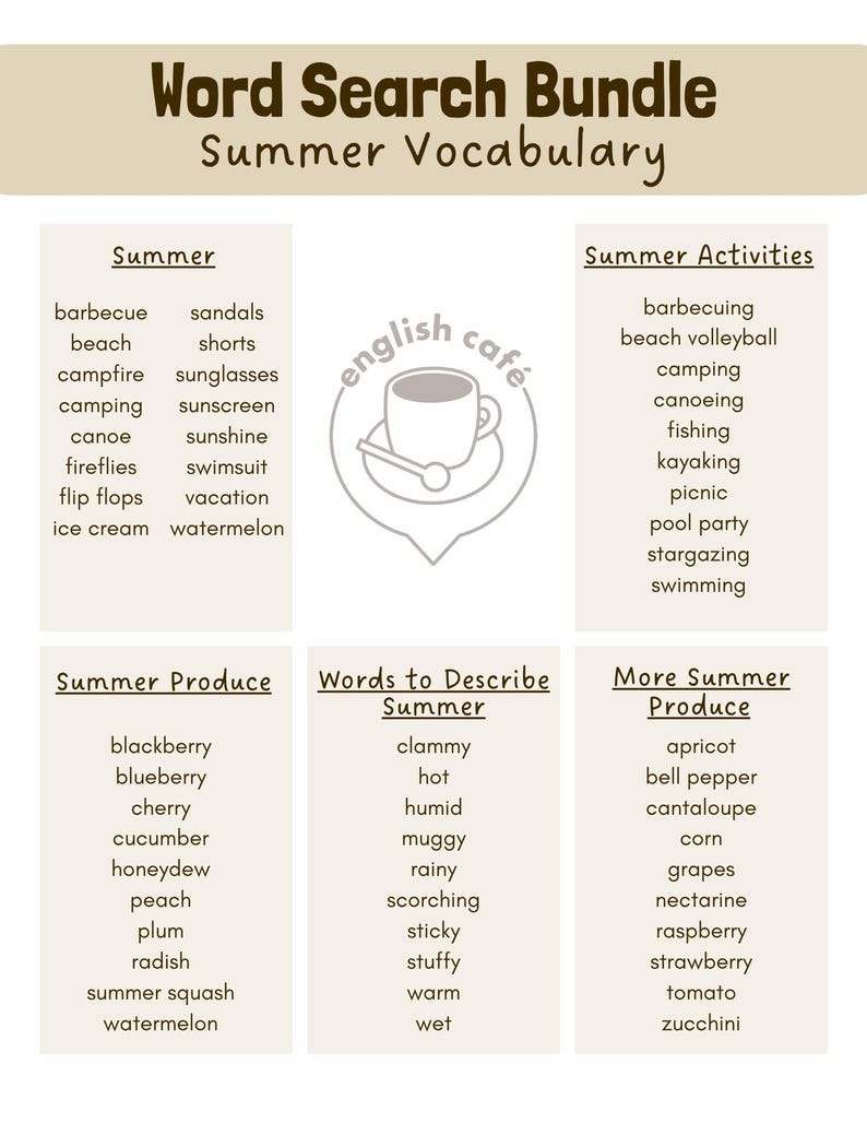 Summer Vocabulary Word Search Bundle for ESL Students And/or Kids ...