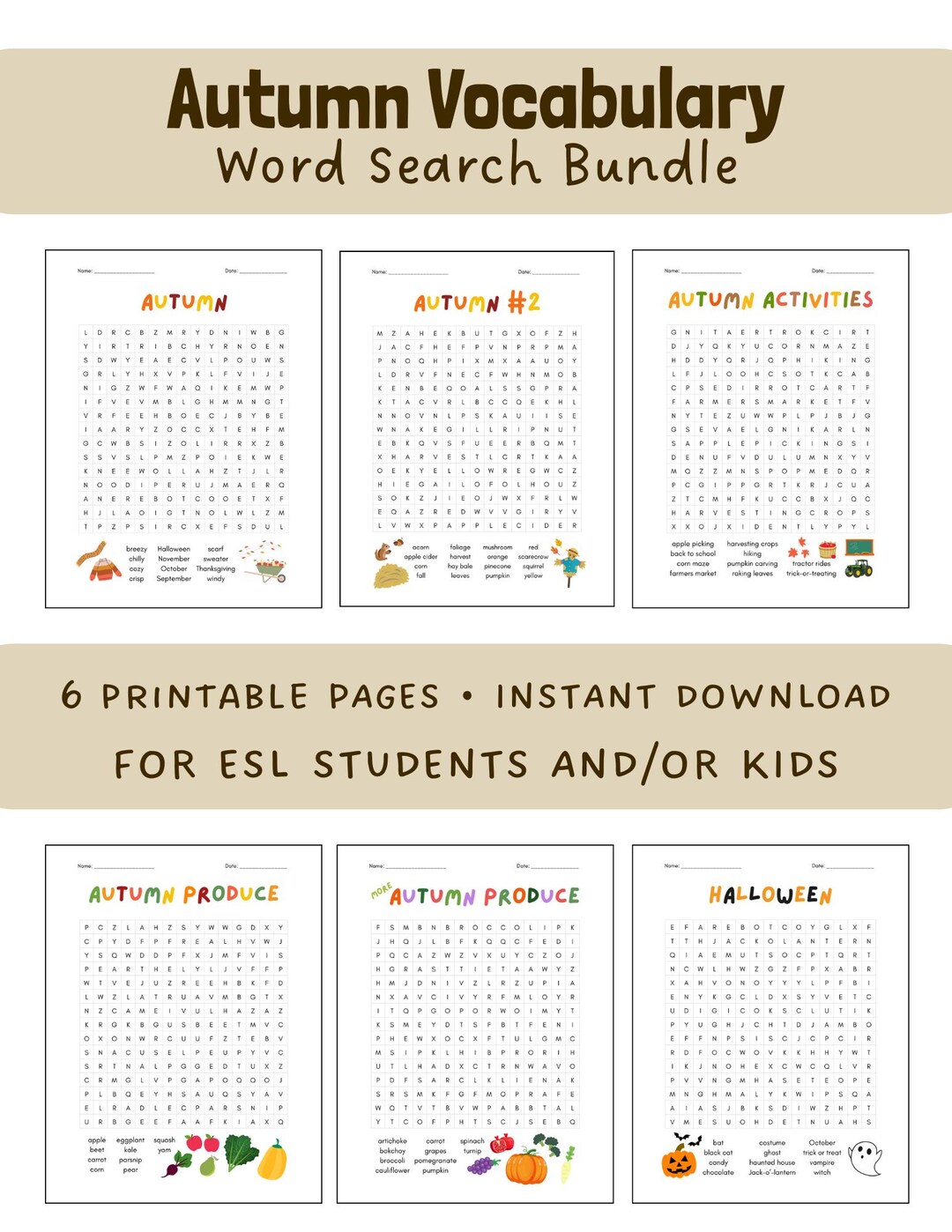 Autumn Vocabulary Word Search Bundle: Esl/kids Printable (PDF Download ...