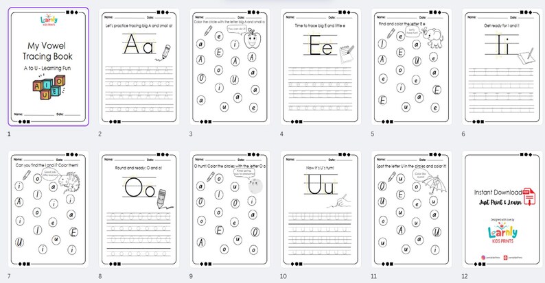 My Vowel Tracing Book. A to U - Learning Fun for Kids - Etsy