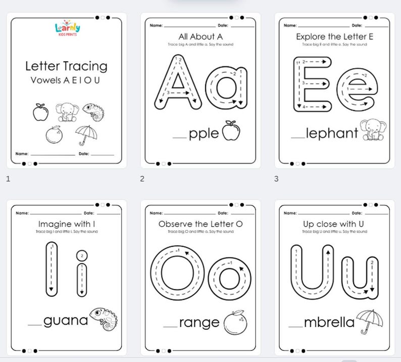 Vowel Tracing Worksheets for Kids – A to U Printable Alphabet Activity ...