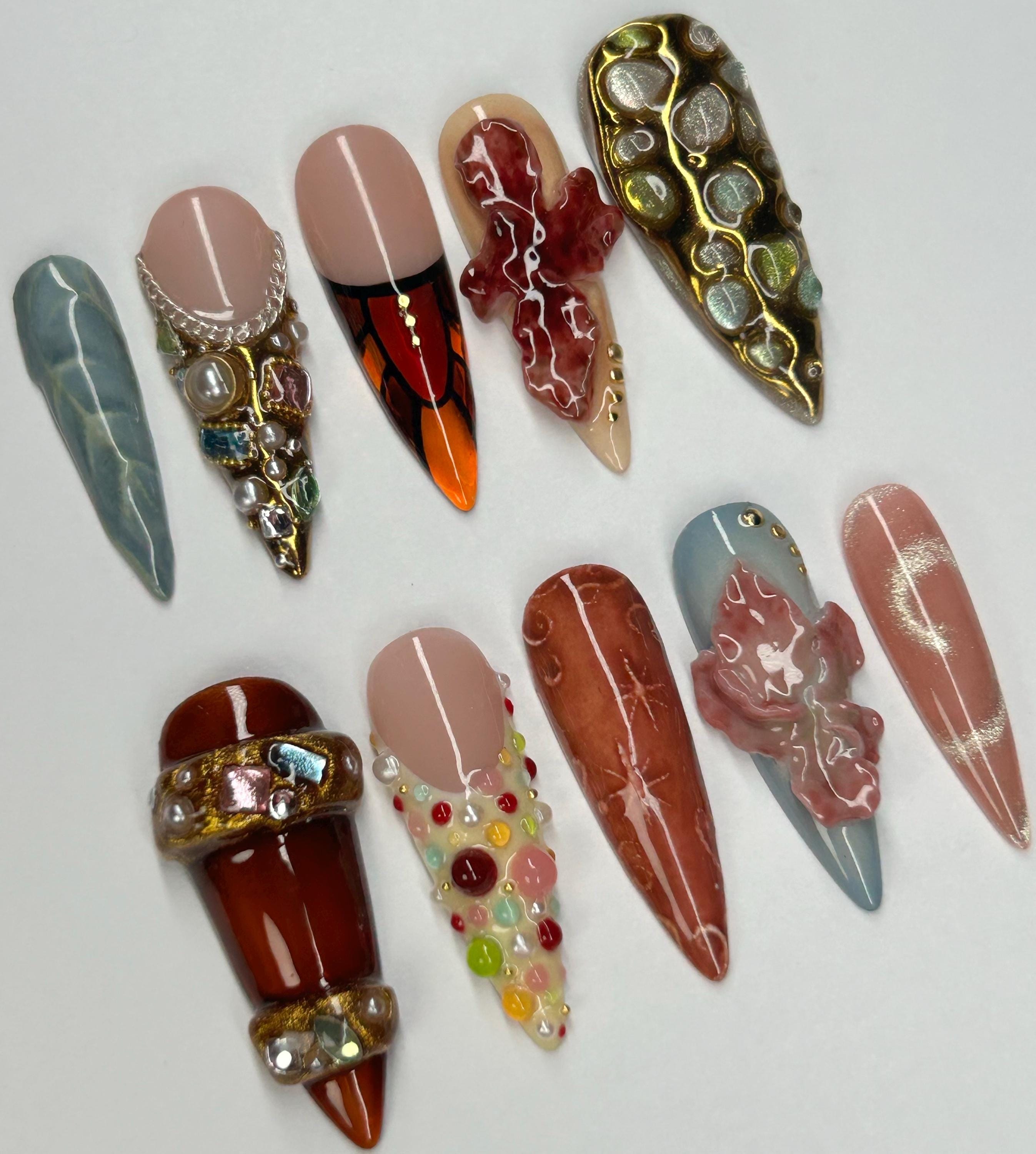 3D Maximalist Nails | 3D Flower | Gold Nail Art | Bling Press on Nails ...