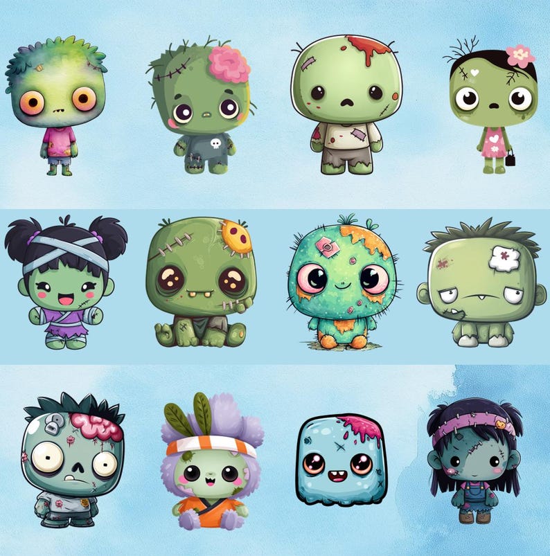 60 Kawaii Zombie Clipart Pack, Zombiekins, Spooky-cute PNG Images ...