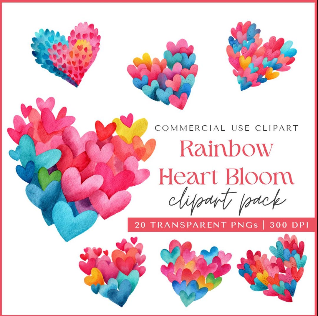 20 Whimsical Valentine Heart Clipart Pack: Rainbow Heart Bloom, High ...