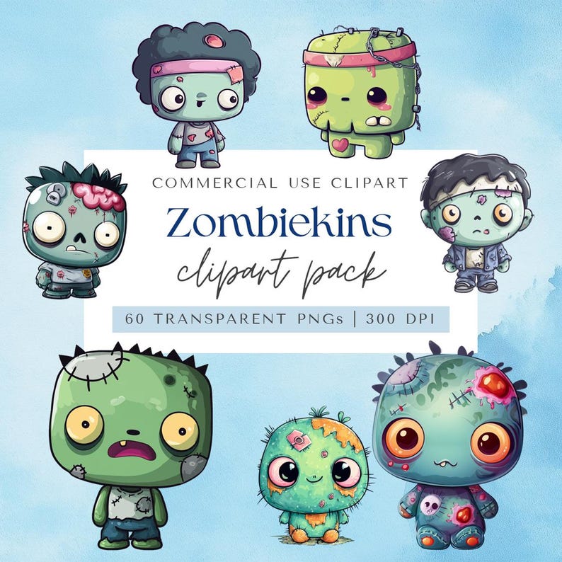 Kawaii Zombie Clipart Pack: Zombiekins, 60 Spooky-cute PNG Images ...