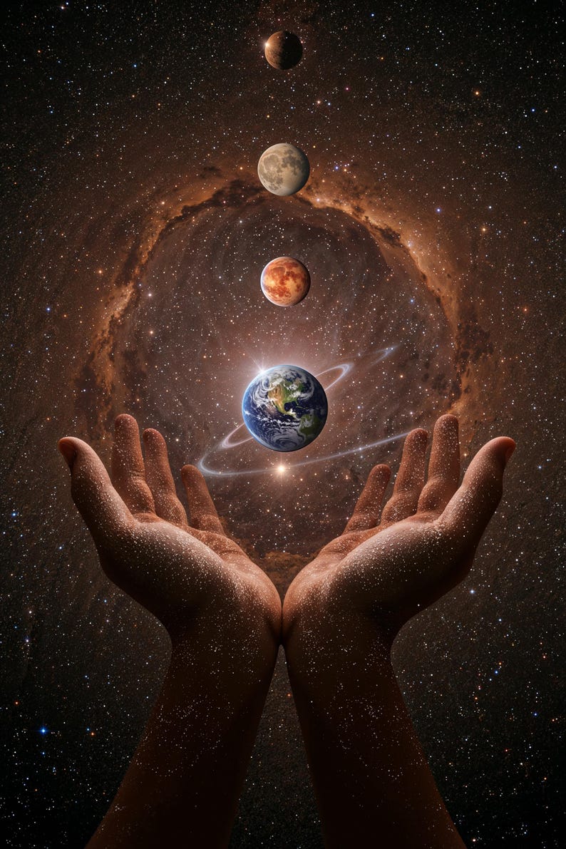 Cosmic Planet Alignment Wall Art, Spiritual Hands Galaxy Poster ...