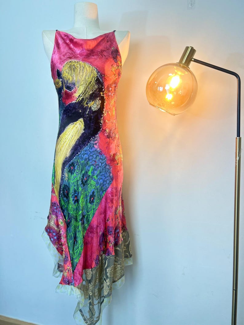 Vintage Y2K Peacock Print Art Dress | Handkerchief Hem Slip Dress - Etsy
