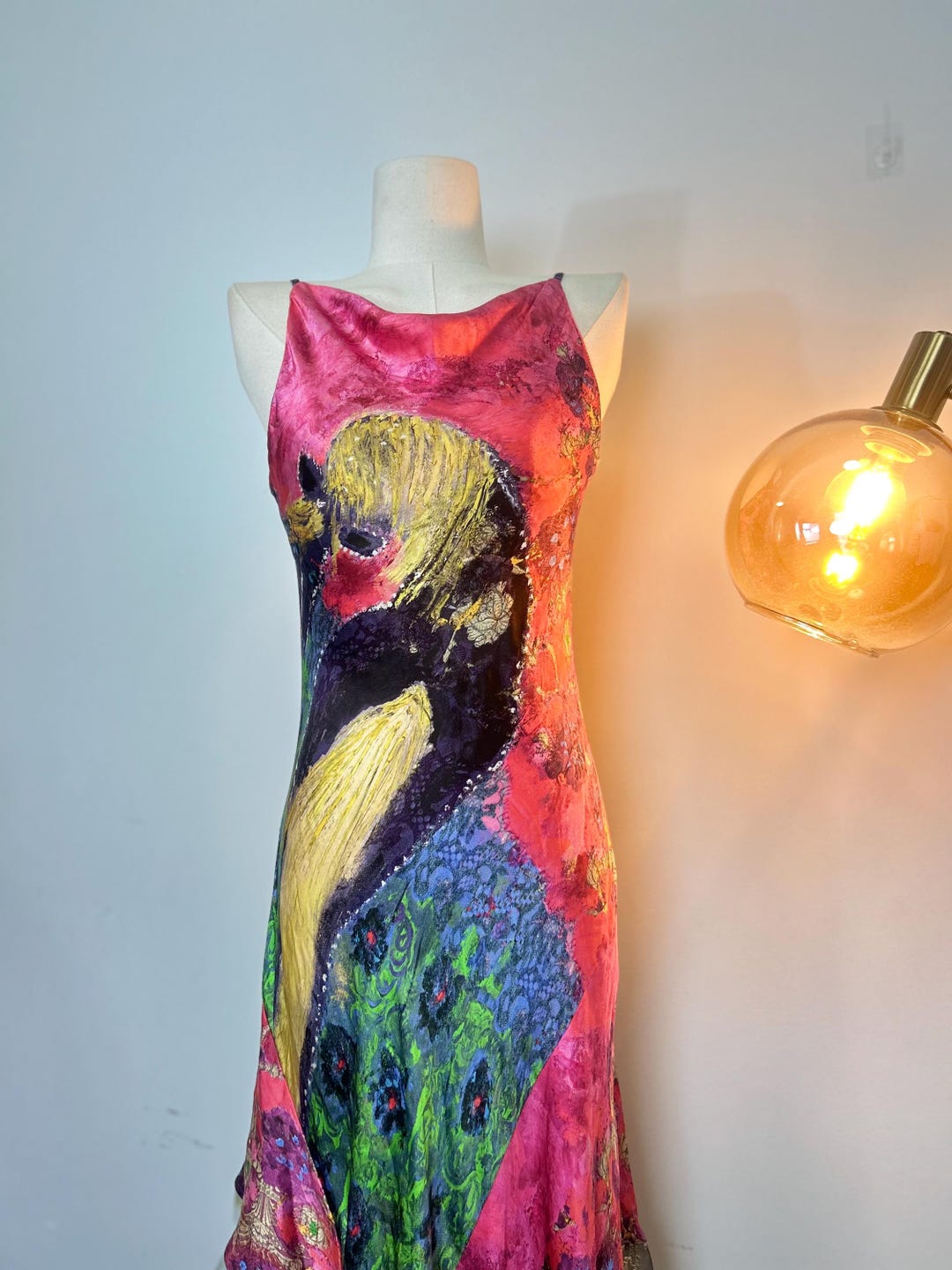 Vintage Y2K Peacock Print Art Dress | Handkerchief Hem Slip Dress - Etsy