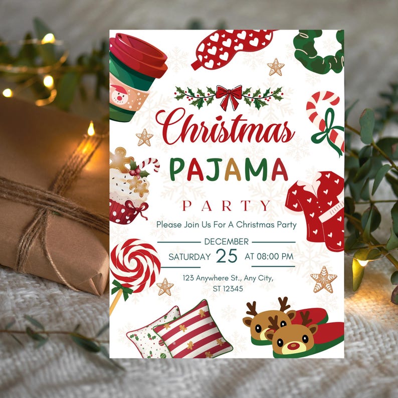 Christmas Pajama Party Invitation, Editable Holiday Party Invite, Cozy ...