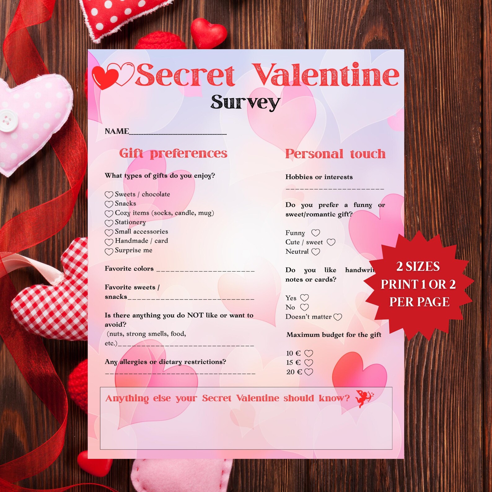 Secret Valentine Survey, Printable Valentine Gift Exchange ...