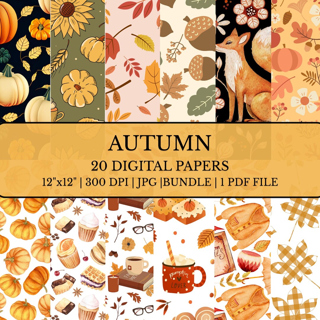 Autumn Digital Paper Bundle Fall Leaves Pumpkins Scrapbook Seamless ...
