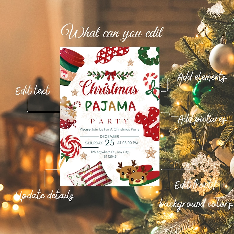 Christmas Pajama Party Invitation, Editable Holiday Party Invite, Cozy ...