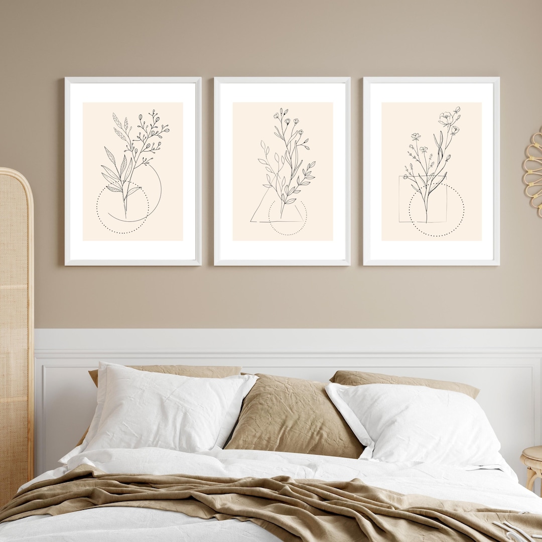 Botanical Line Drawing Wall Art Print Set Beige Minimalist 3 Prints PDF ...