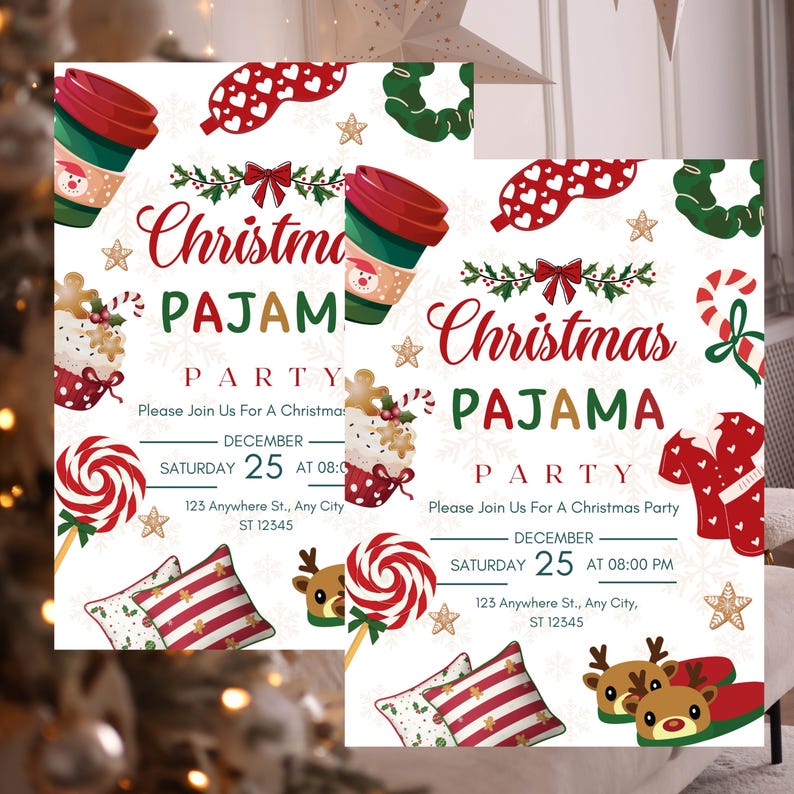 Christmas Pajama Party Invitation, Editable Holiday Party Invite, Cozy ...