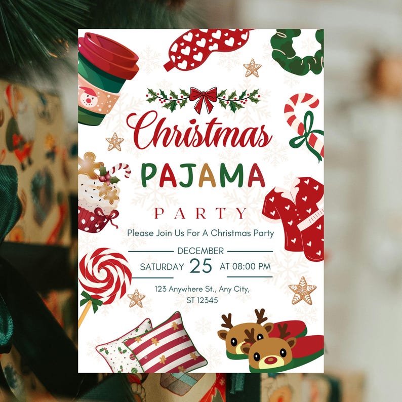 Christmas Pajama Party Invitation, Editable Holiday Party Invite, Cozy ...