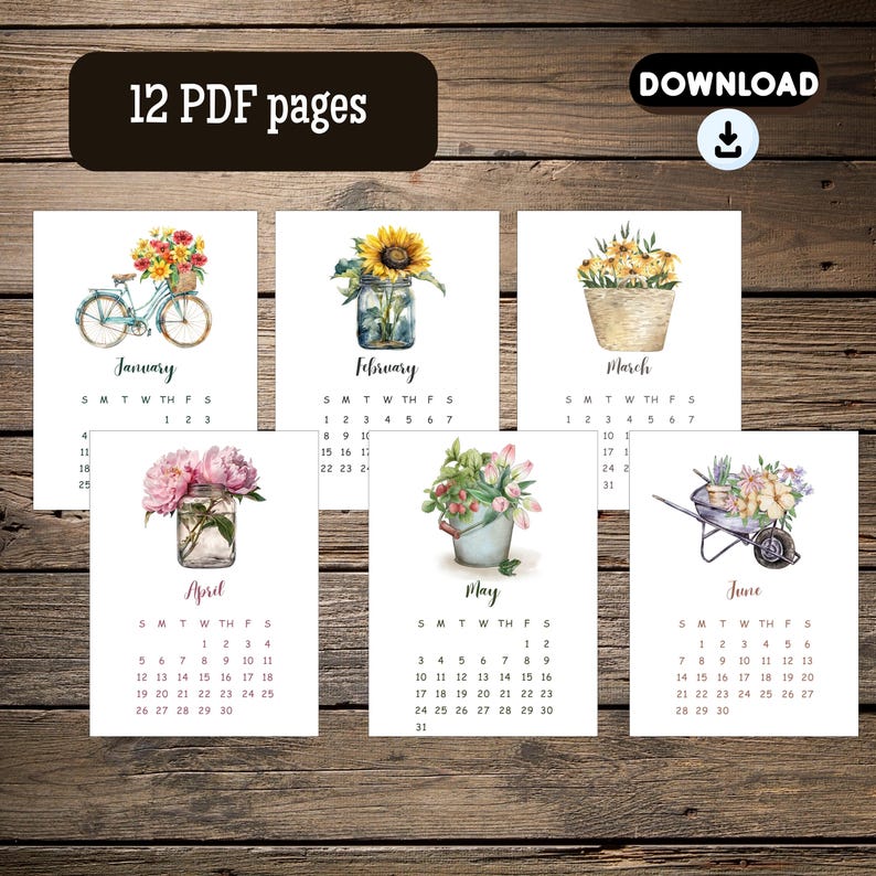 2026 Watercolor Mini Calendar, Flower Market, Botanical Printable, 5x7 ...