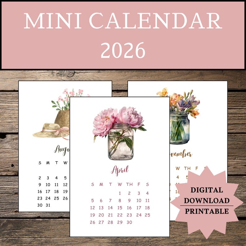 2026 Watercolor Mini Calendar, Flower Market, Botanical Printable, 5x7 ...