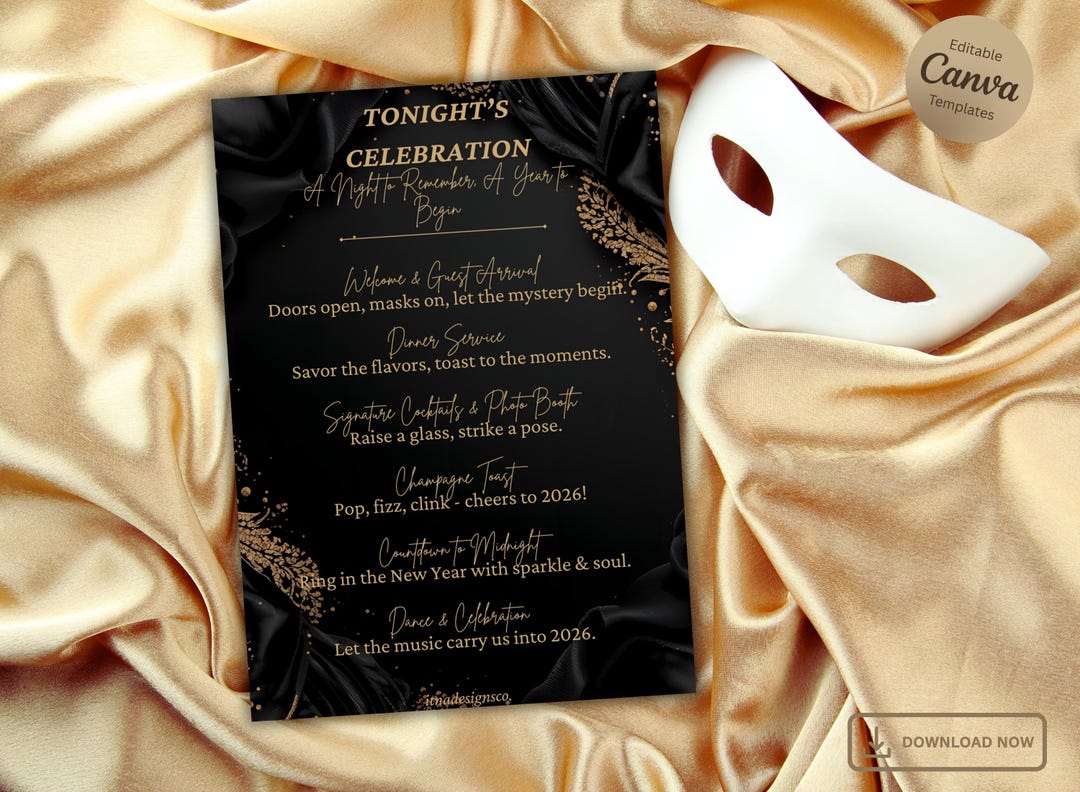 Masquerade New Year Program Card - Gala Party Schedule. Editable Canva ...