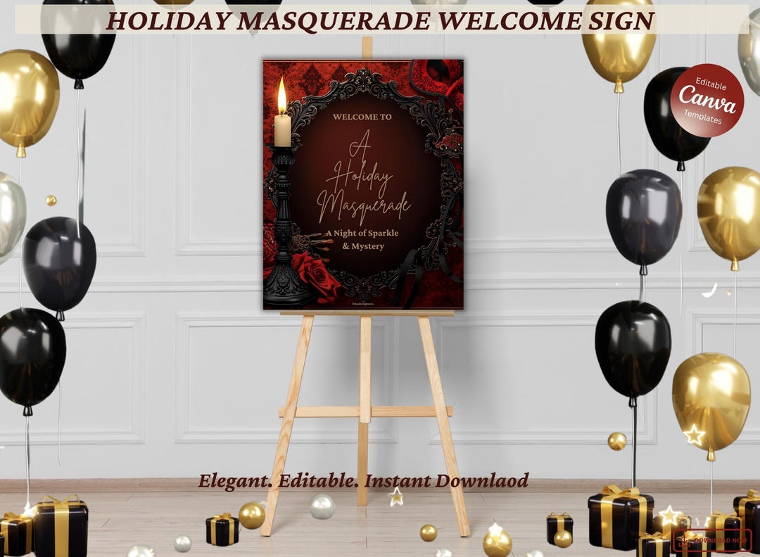 Holiday Masquerade Welcome Sign - Gothic Red & Black Party Entrance ...