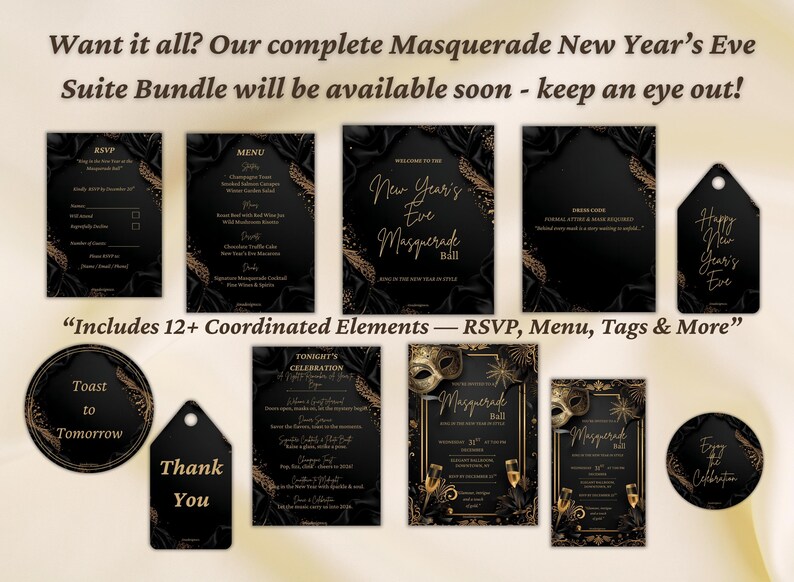 Masquerade New Year's Eve Menu Card – Black & Gold Canva Template ...