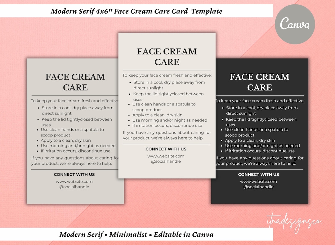 Face Cream Care Card Template - Skincare Instructions, Editable 4x6 ...