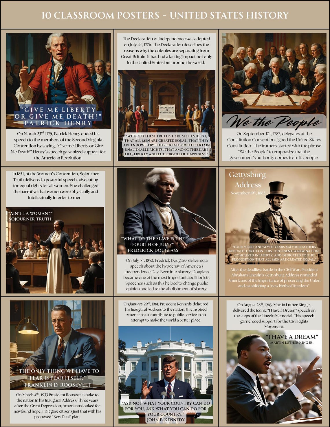 United States History Classroom Posters - Features 10 Iconic Speeches ...