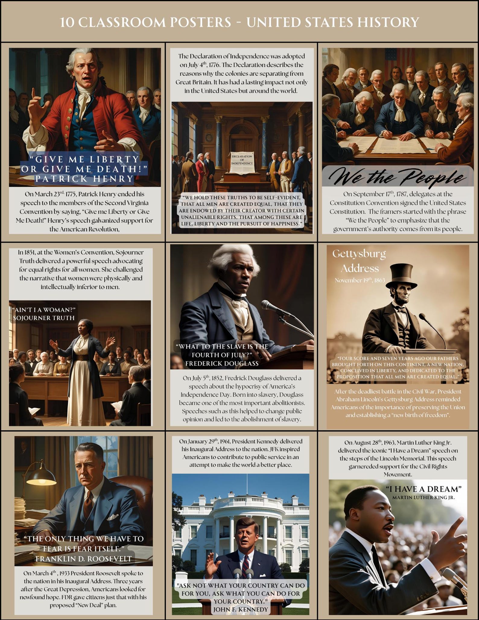 United States History Classroom Posters - Features 10 Iconic Speeches ...