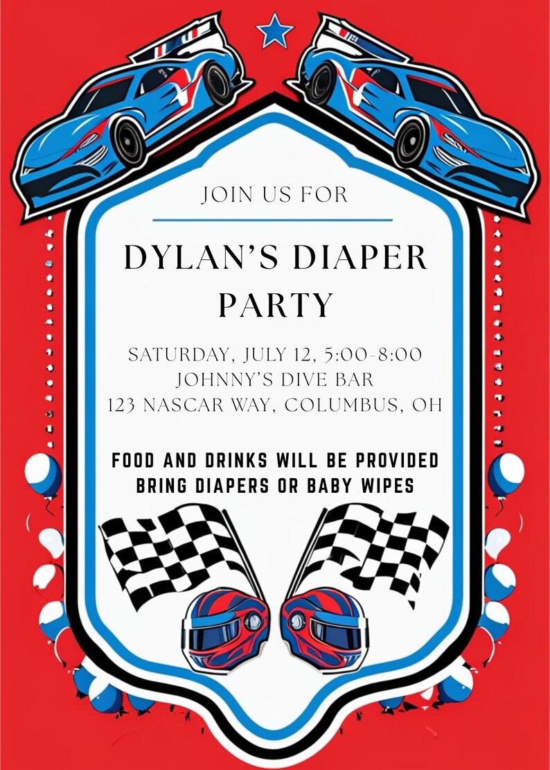 NASCAR Themed Diaper Party Invitation, Sized for a 5x7 Invitation Card ...