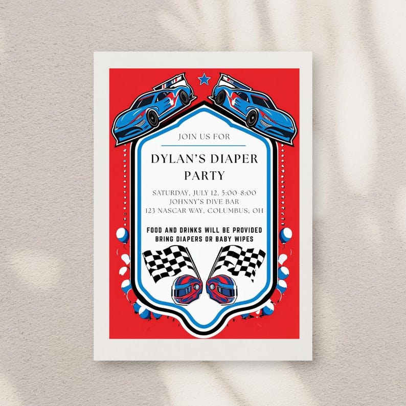NASCAR Themed Diaper Party Invitation, Sized for a 5x7 Invitation Card ...
