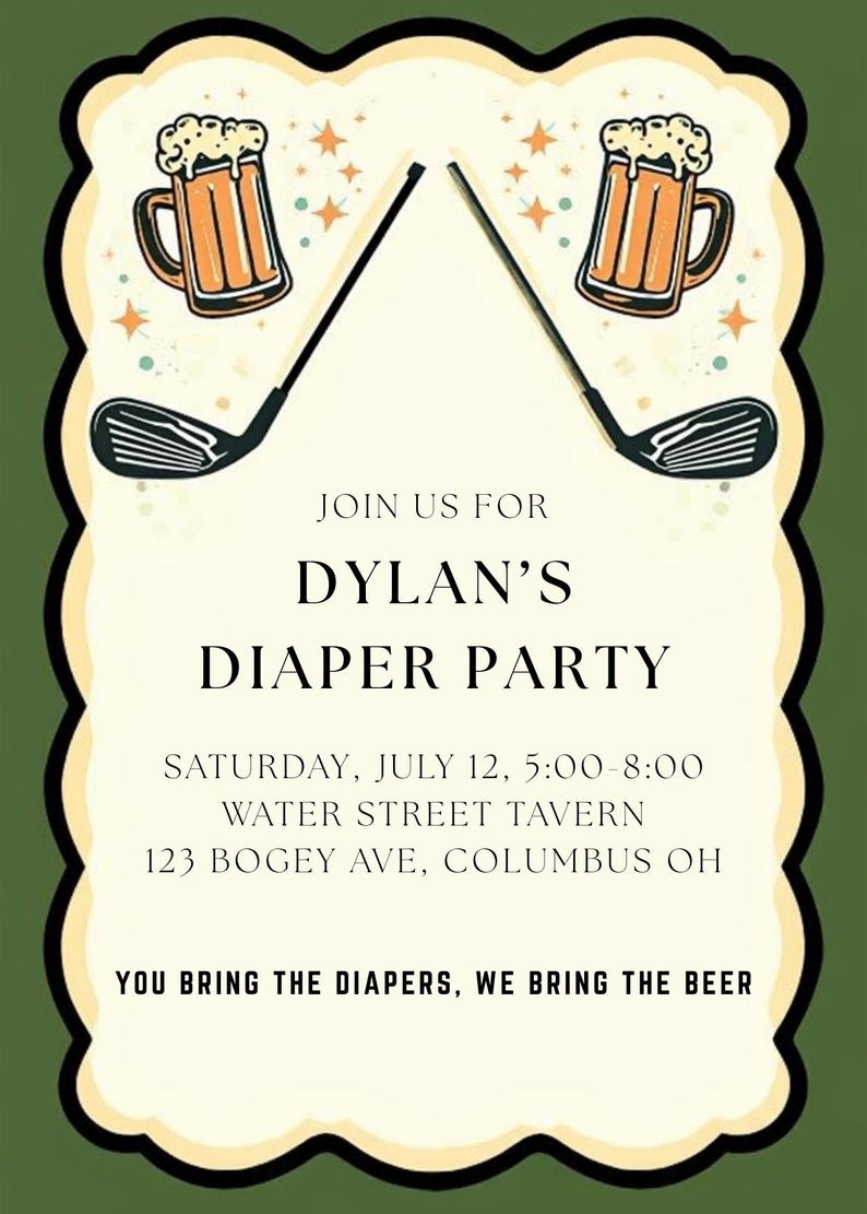Golf Themed Diaper Party Invitation, Sized for a 5x7 Invitation Card ...