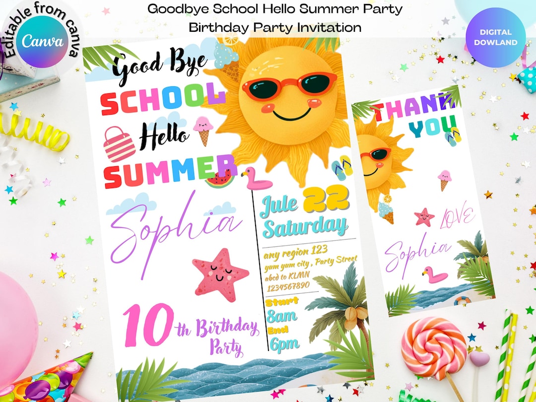 Goodbye School Hello Summer Invitation, End of School Party Invite ...