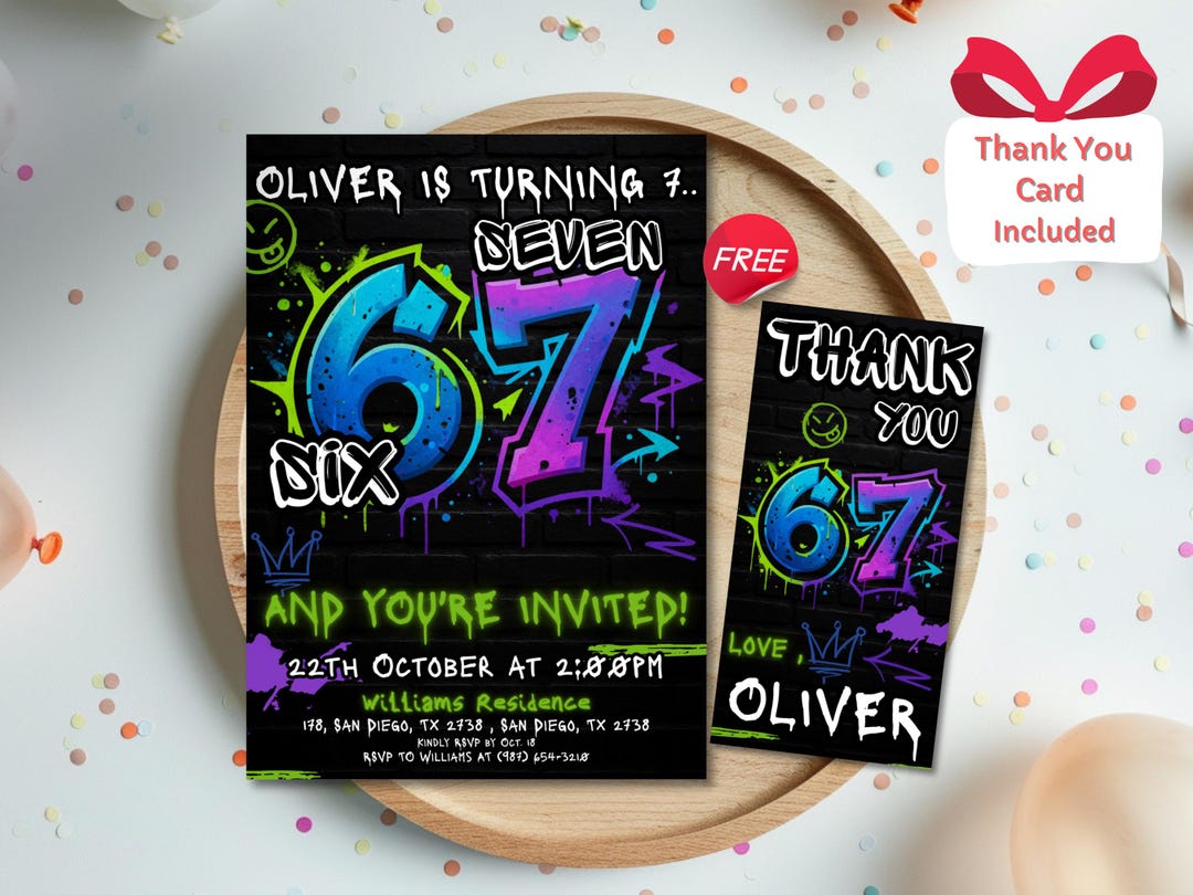 Six Seven Birthday Invitation, 6 7 Meme Party Invite, Graffiti Neon ...