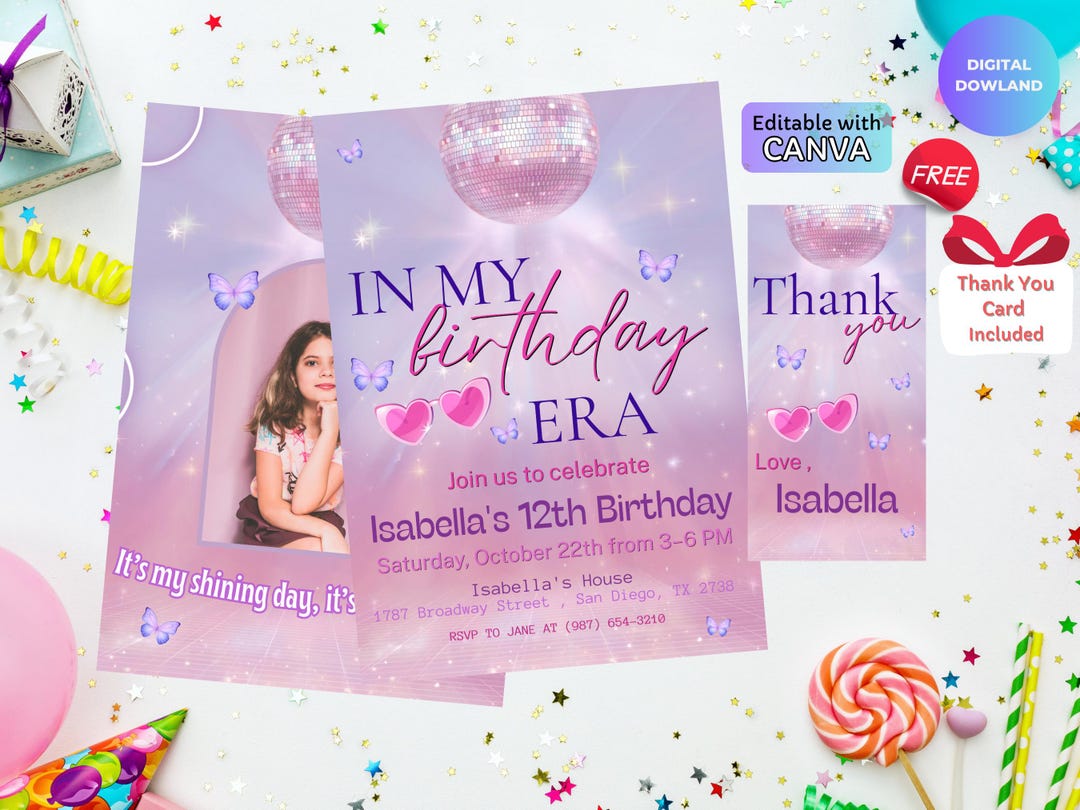Editable Disco Ball Birthday Invitation With Photo, Pink Glitter Era ...