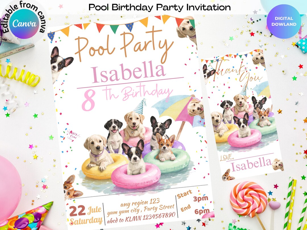 Editable Puppy Pool Party Birthday Invitation, Fun Dogs Party Invite ...