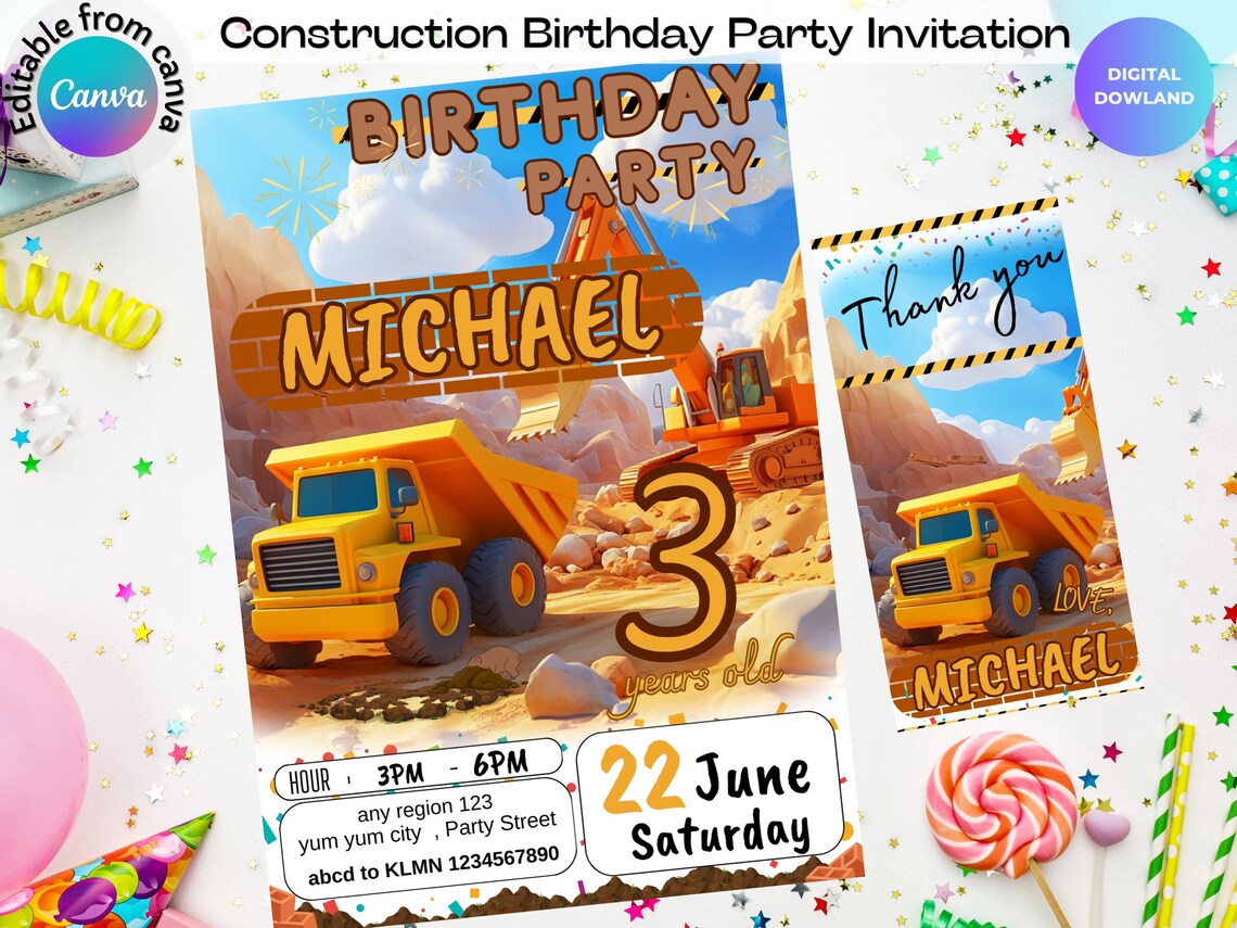 Construction Truck Birthday Invitation: Editable Canva Template ...