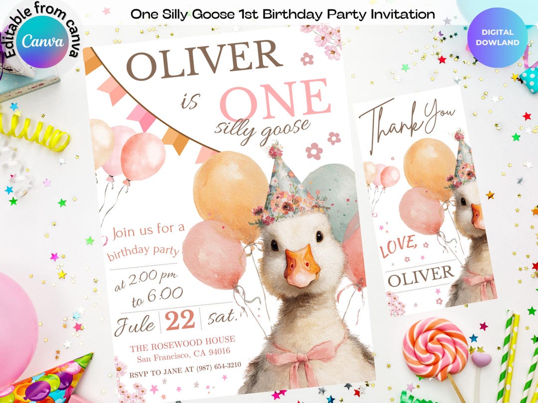Editable One Silly Goose 1st Birthday Invitation, 1st Birthday ...