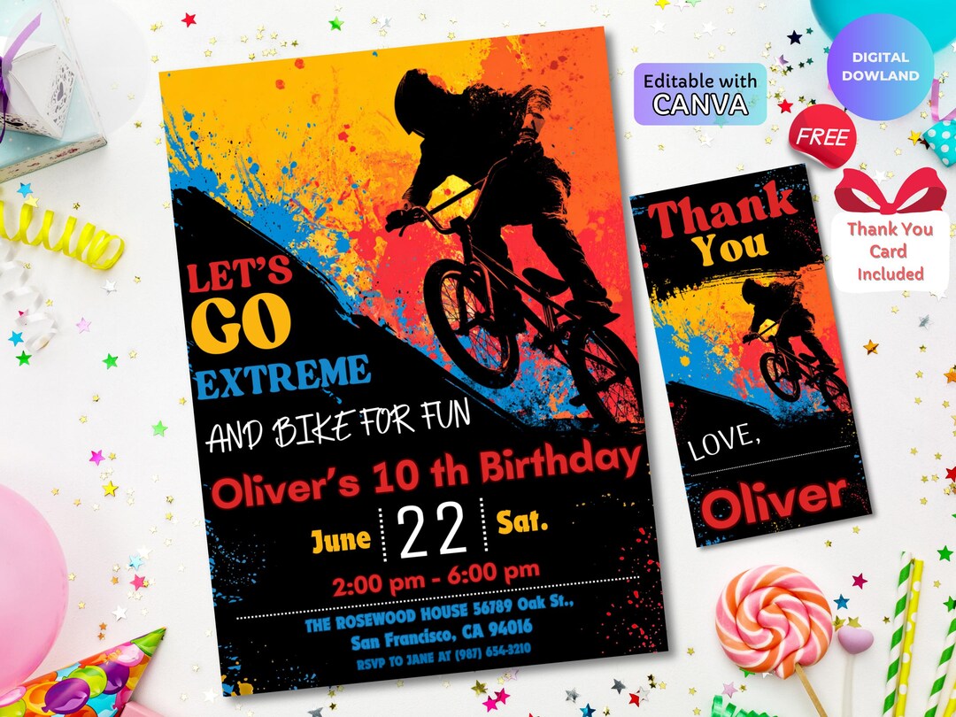 Bike Birthday Invitation, BMX Party Invite, Graffiti Theme, Boys ...