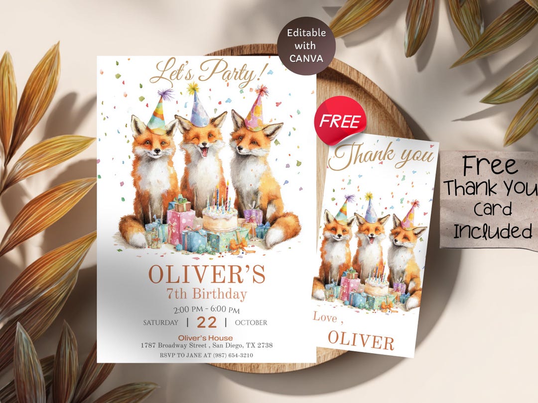 Fox Birthday Invitation, Woodland Animal Party, Editable Template ...