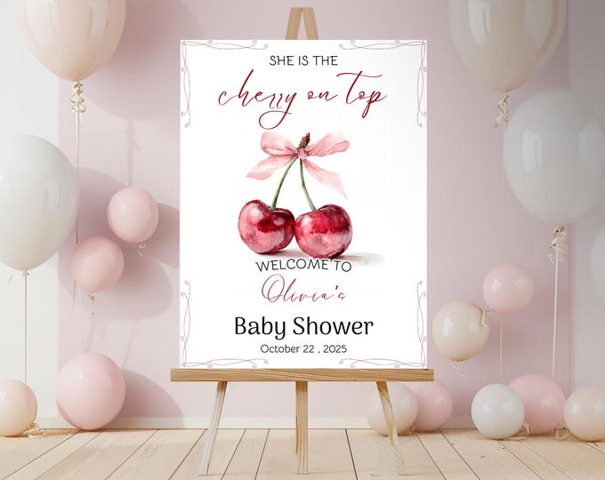 Cherry Baby Shower Welcome Sign Template, Editable Cherry on Top ...