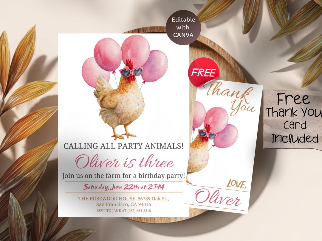 Chicken Birthday Invitation Template, Farm Animal Party, Editable ...