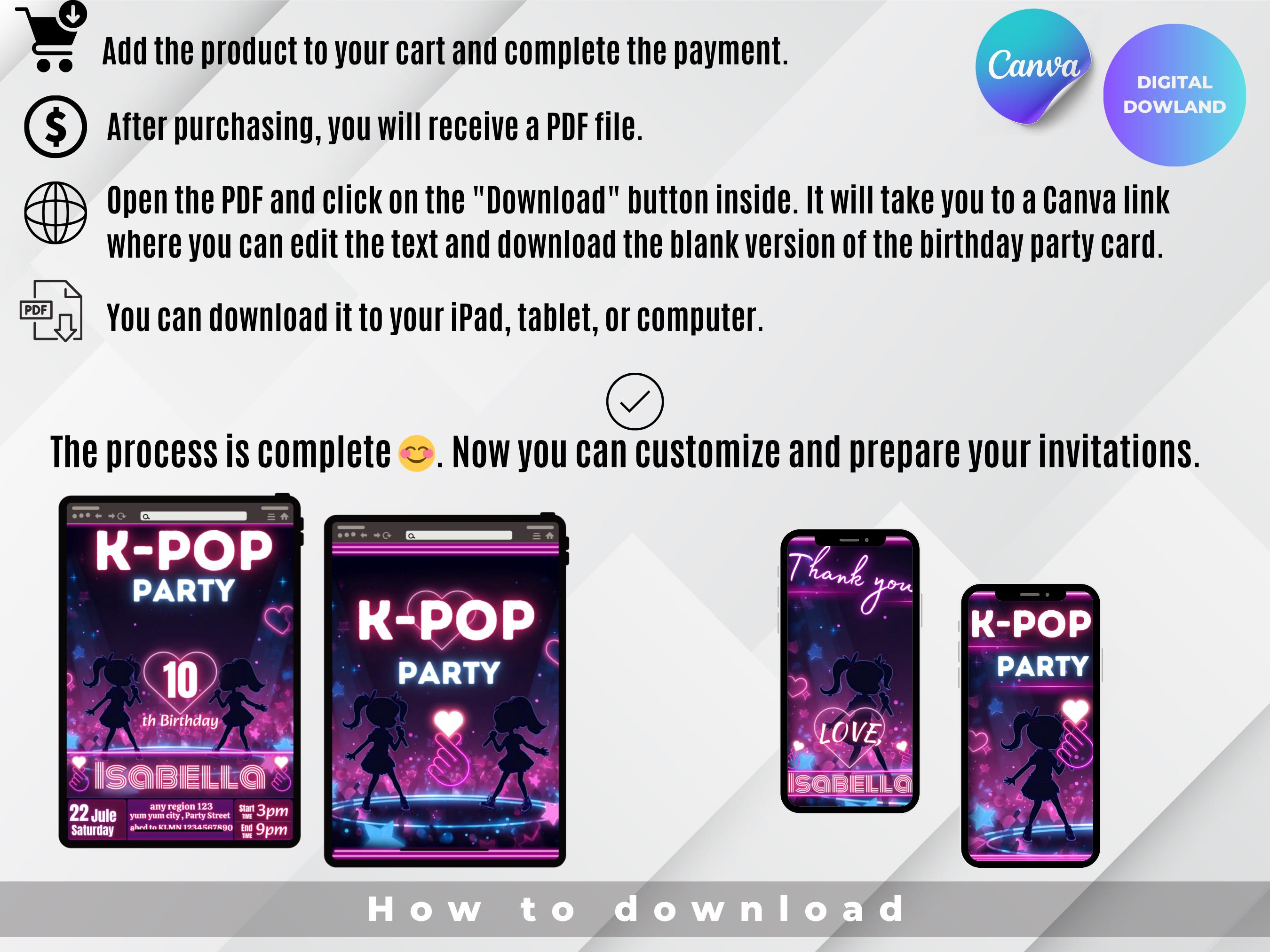 Editable K-pop Birthday Invitation, Digital K-pop Star Party Invite for ...