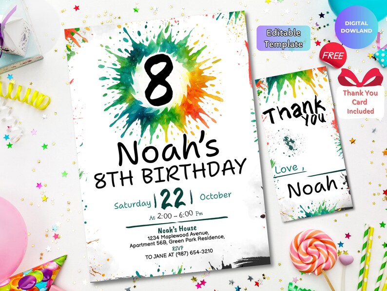 Editable Paint Splash Birthday Invitation, Colorful Art Party Template ...